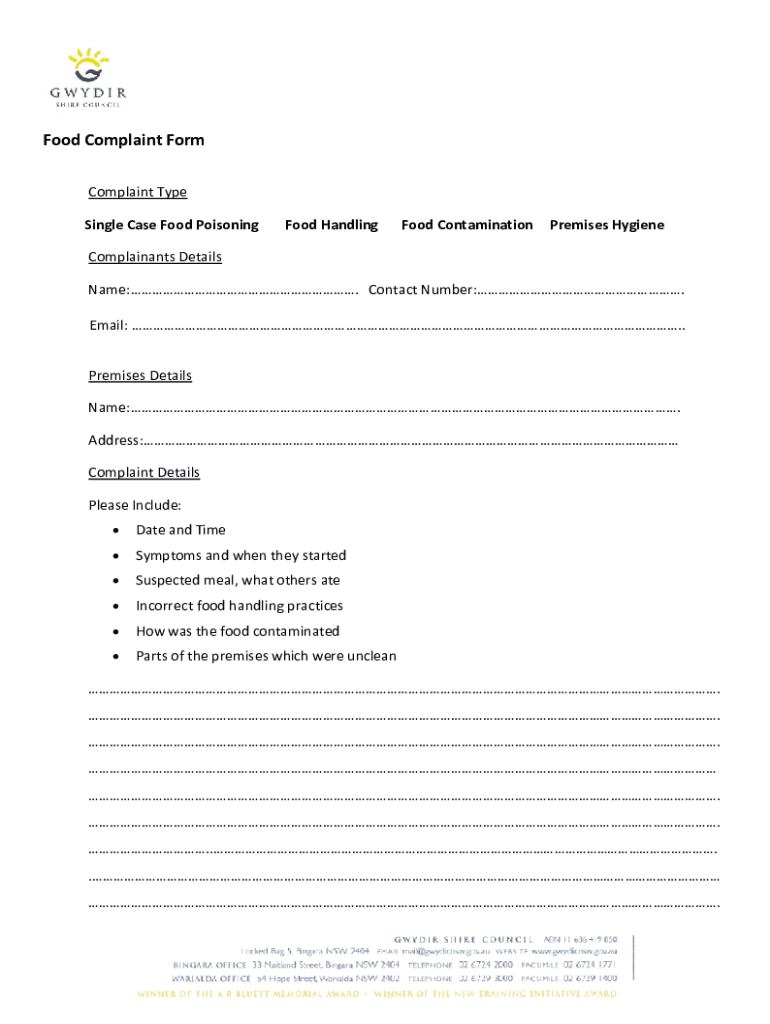 Fillable Online Food Complaint Form - gwydir.nsw.gov.au Fax Email Print ...