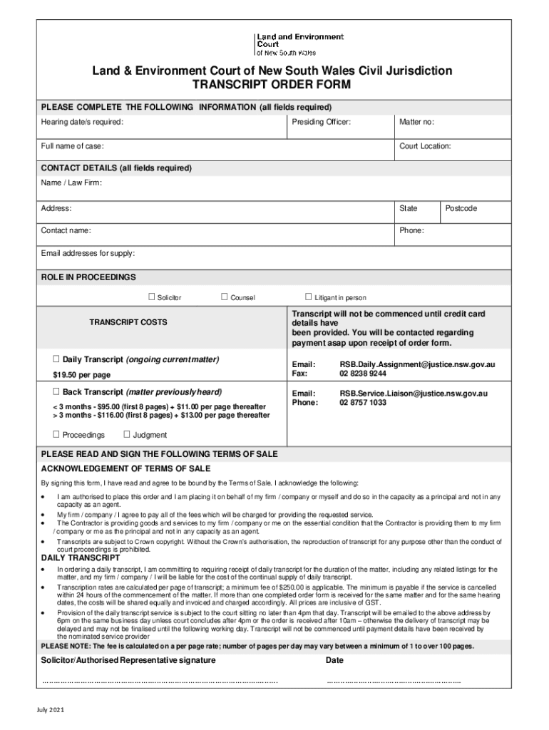 Fillable Online Transcript Order Form LEC CIVIL. LEC Civil Transcript ...