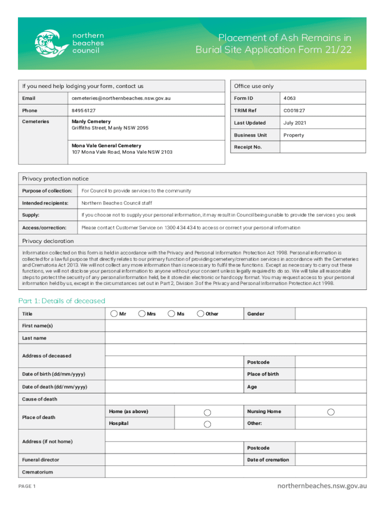 Fillable Online Placement of Ash Remains in Burial Site Application Form 19/20 Fax Email Print ...