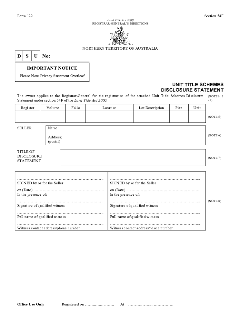 Fillable Online nt gov Form no. 122 - Unit Title Schemes Disclosure ...