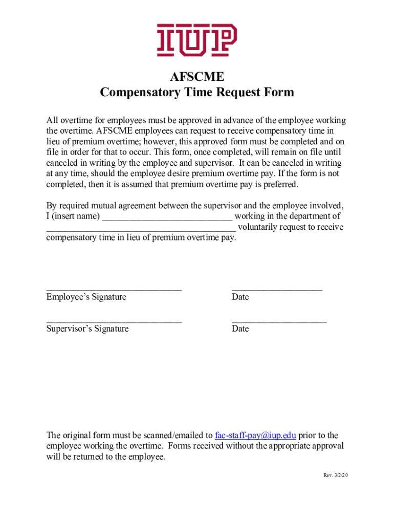 Fillable Online www.iup.eduafscme-comp-time-request-formAFSCME ...
