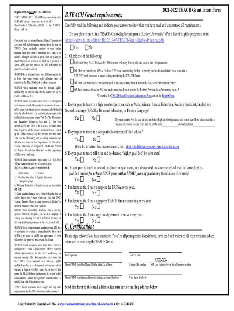 Fillable Online 2020-2021 TEACH Grant Intent Form Fax Email Print ...