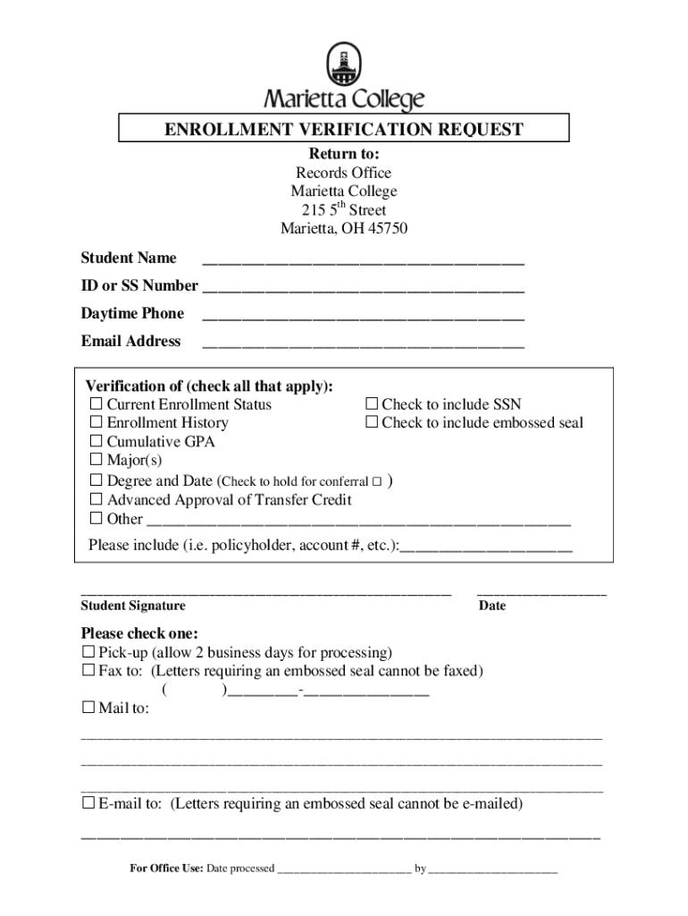 Fillable Online ENROLLMENT VERIFICATION REQUEST - Marietta College Fax Email Print - pdfFiller