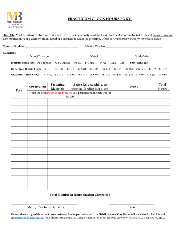 Fillable Online mymbu marybaldwin PRACTICUM CLOCK HOURS FORM Fax Email ...