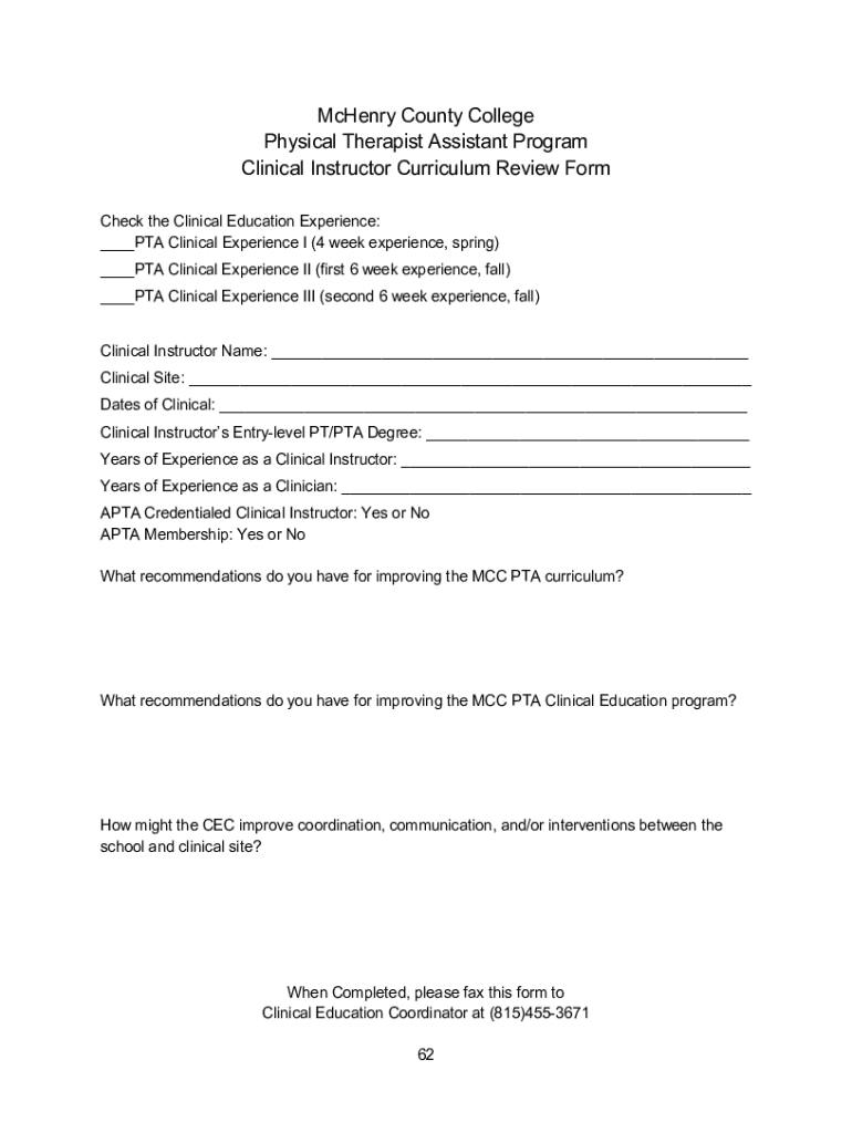 Fillable Online PTA Clinical Instructor Curriculum Review Form. PTA Clinical Instructor ...