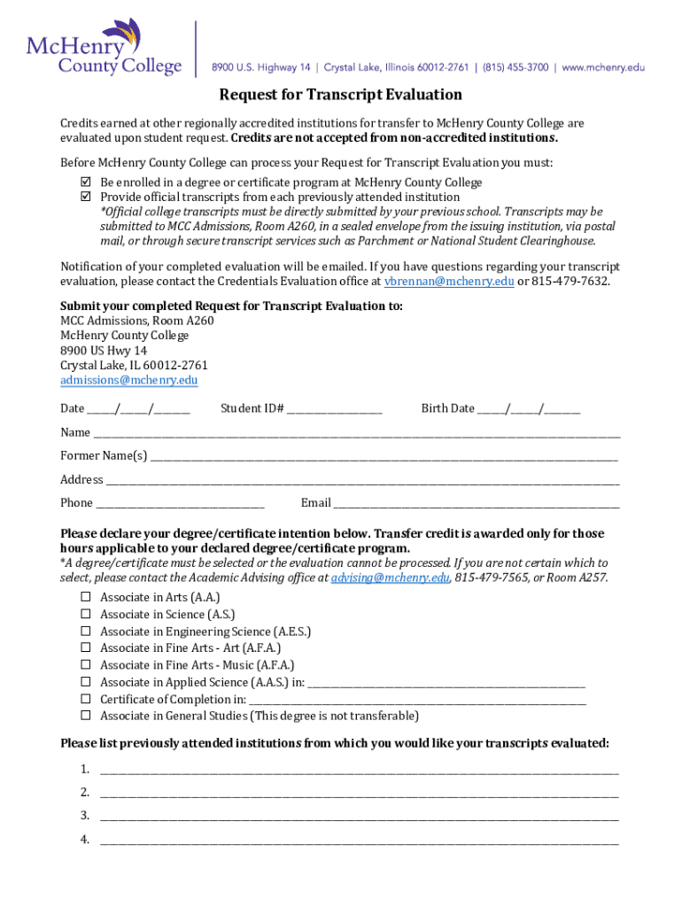 Fillable Online insidemcc mchenry Transcript Evaluation Request. Transcript Evaluation Request ...