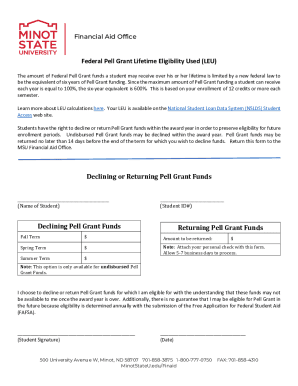 Fillable Online Federal Pell Grant Lifetime Eligibility Usage (LEU)ASU ...