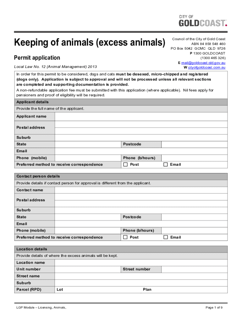 Fillable Online Keeping of animals (excess animals) permit application ...