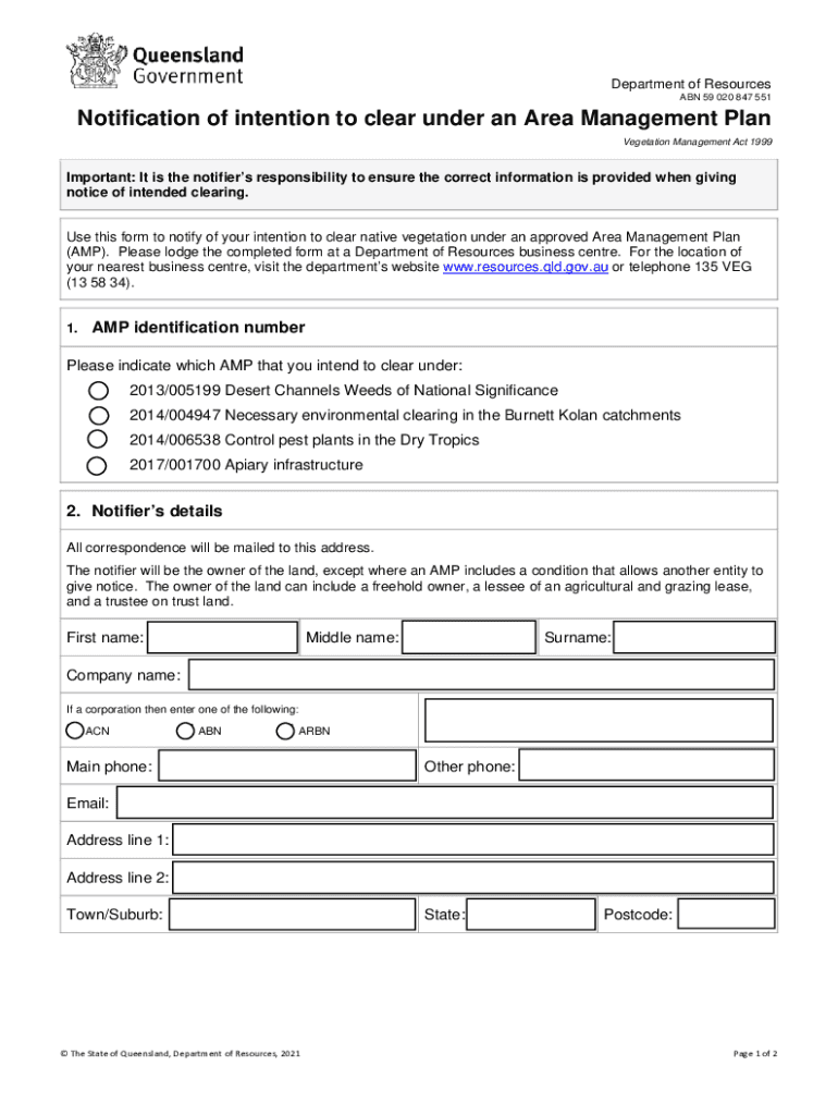 Fillable Online Notification of intention to clear under an Area Management Plan. Form to notify ...