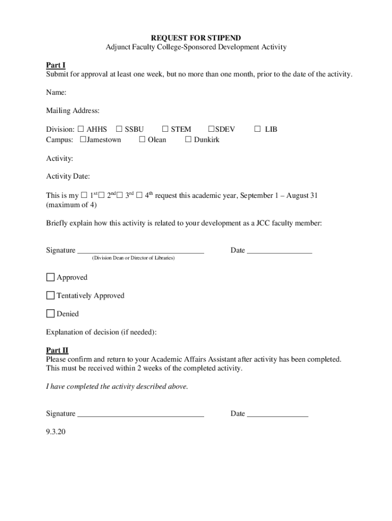 Fillable Online Adjunct Faculty Deveopment Activity- Request for ...