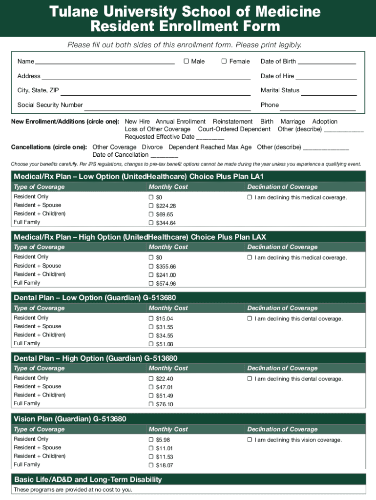 Fillable Online Tulane University School of Medicine Resident ...