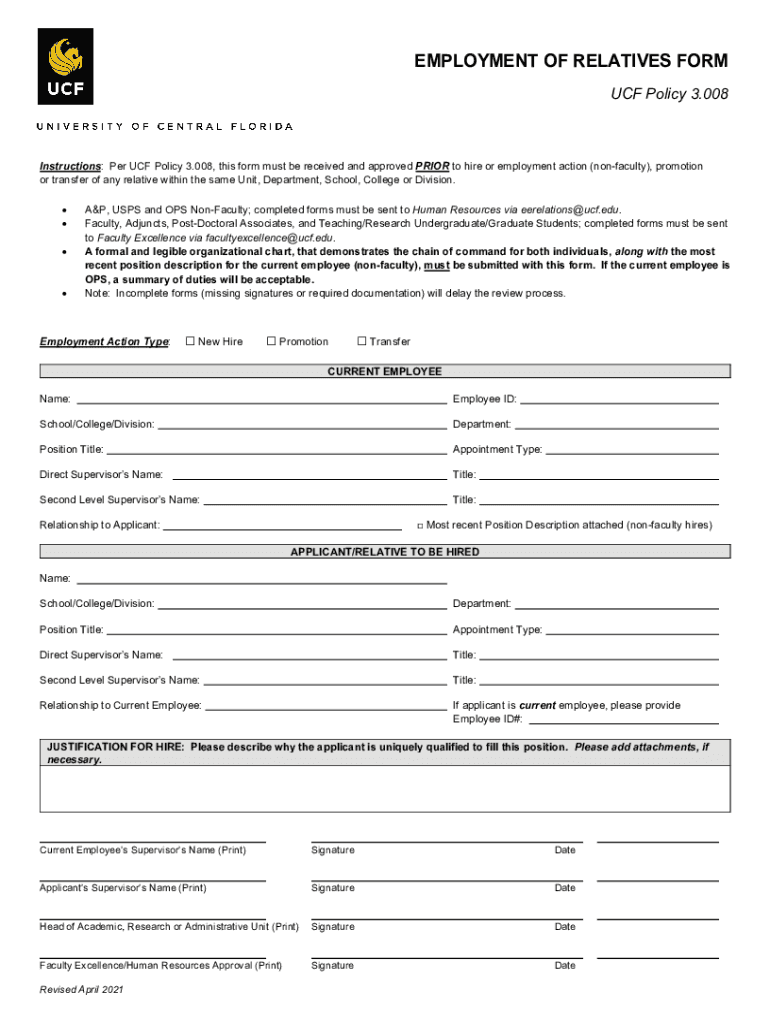 Fillable Online hr ucf Employment of Relatives Form - UCF Human ...