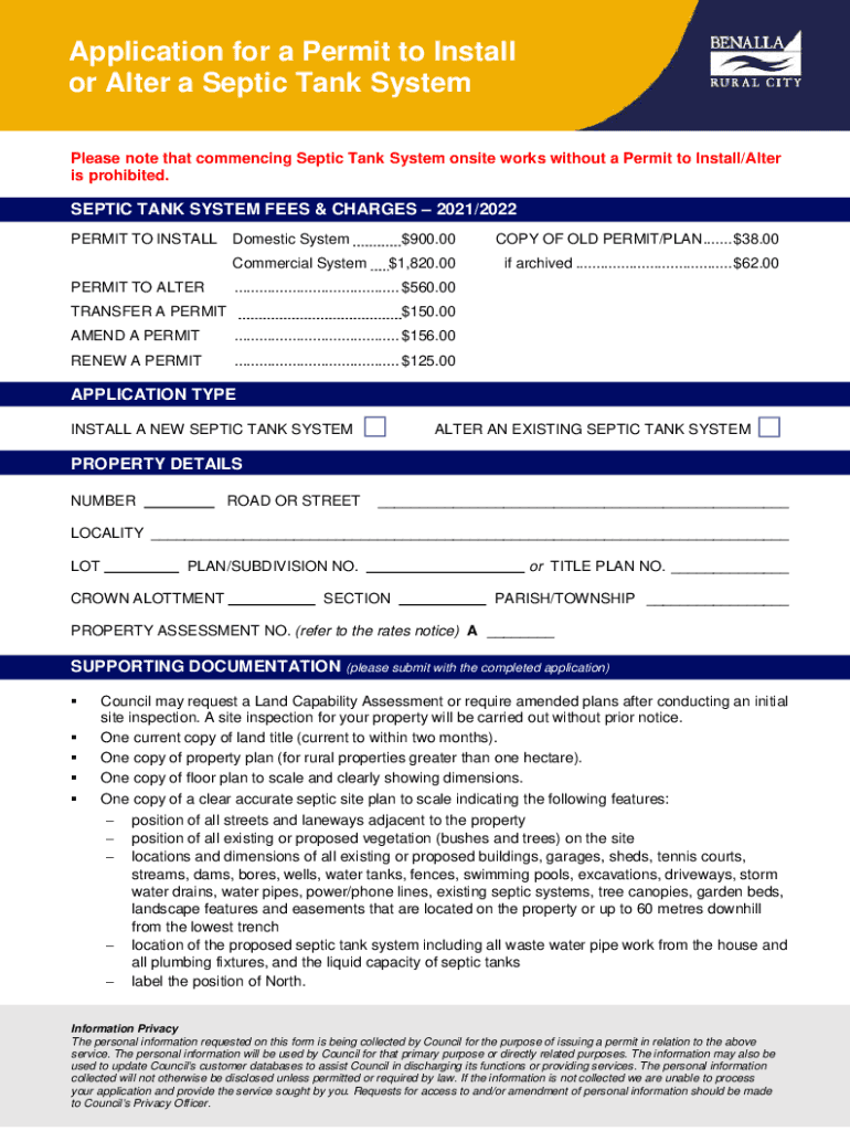 Fillable Online Application for: Install/Alter Septic Tank System ...