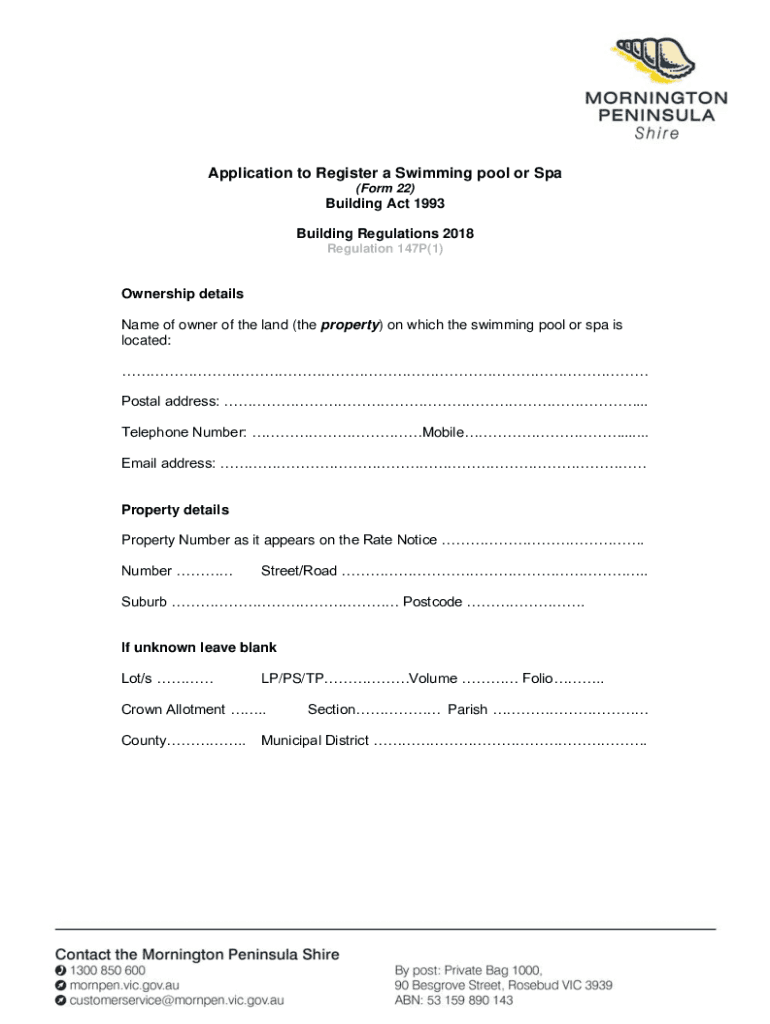 Fillable Online Application to Register a Swimming pool or Spa (Form 22 ...