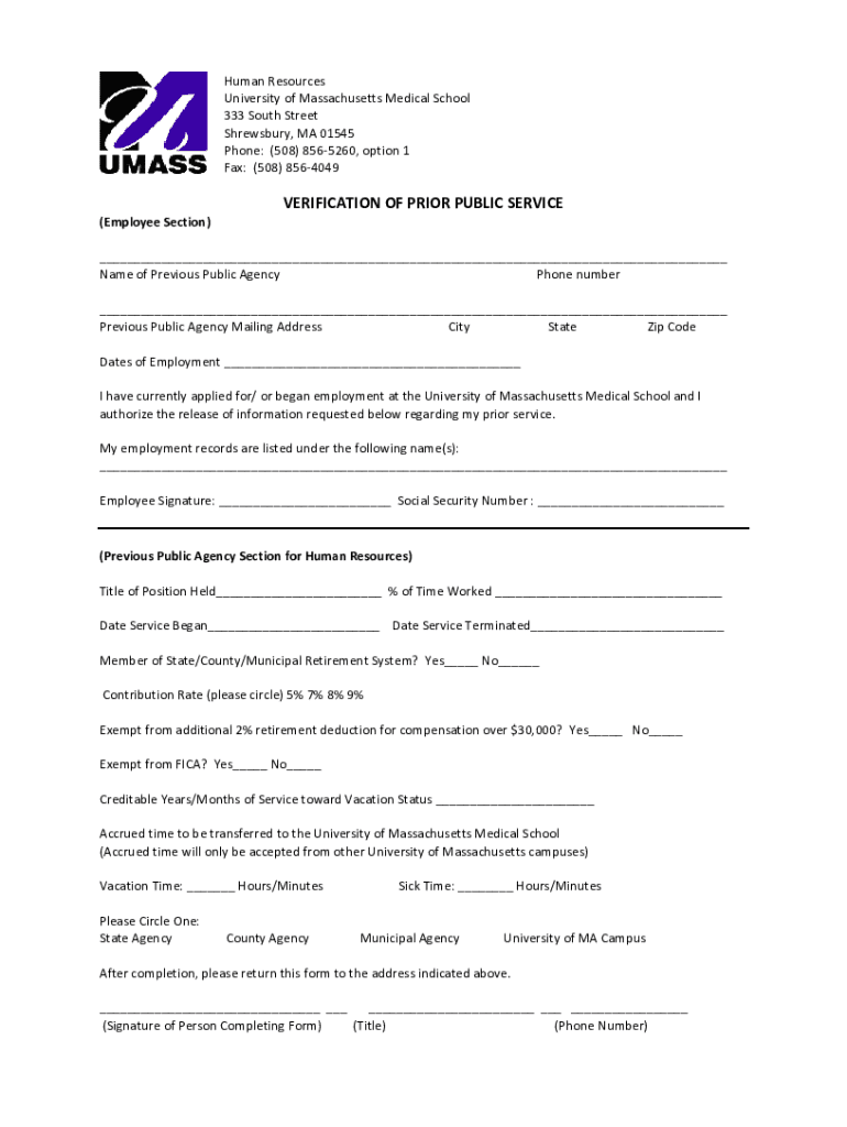 Fillable Online Prior Service Form - University of Massachusetts ...