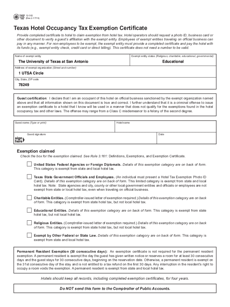 Fillable Online Fillable Online Texas Hotel Occupancy Tax Exemption ...