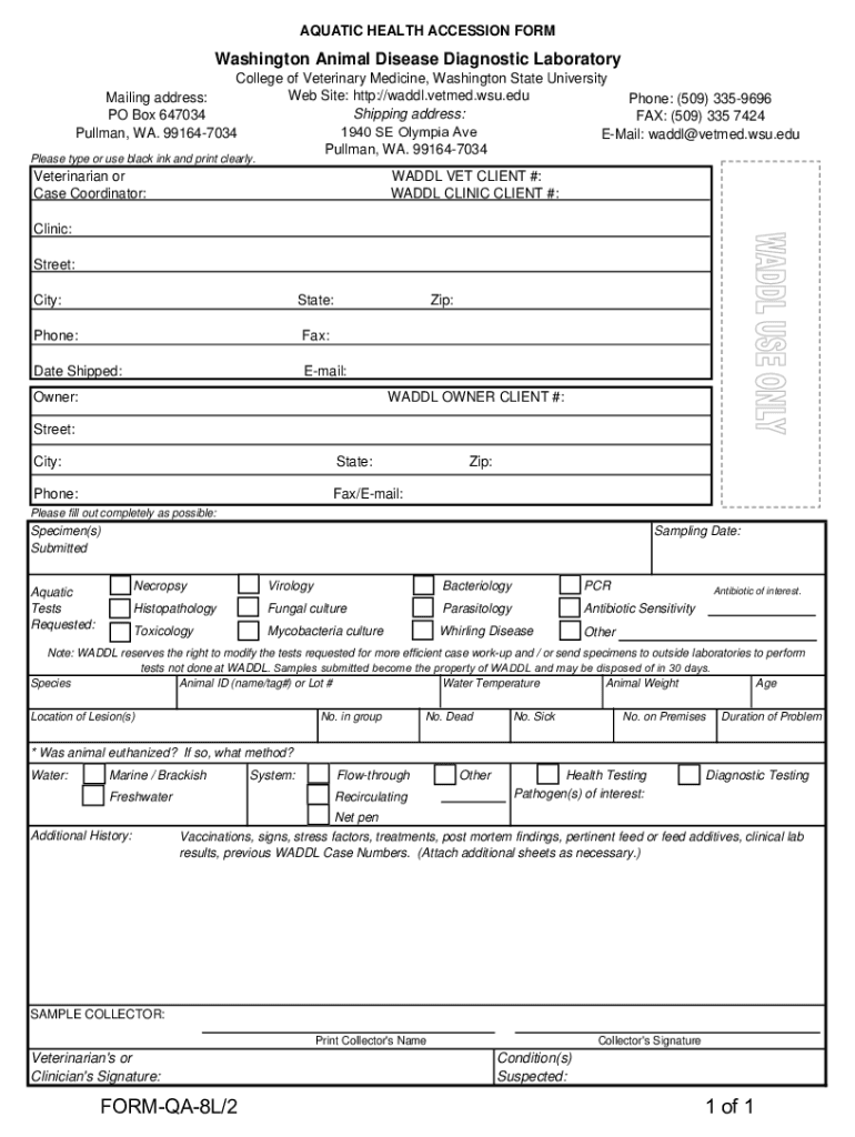 Fillable Online Waddl Aquatic Health Accession Form - Fill and Sign ...
