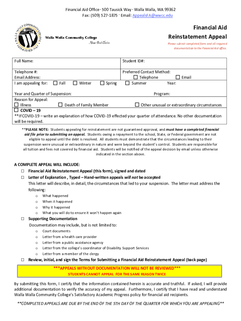 Fillable Online Fillable Online wwcc Financial Aid Reinstatement Appeal ...