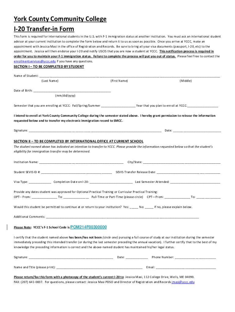 Fillable Online York County Community College I-20 Transfer-in Form Fax ...