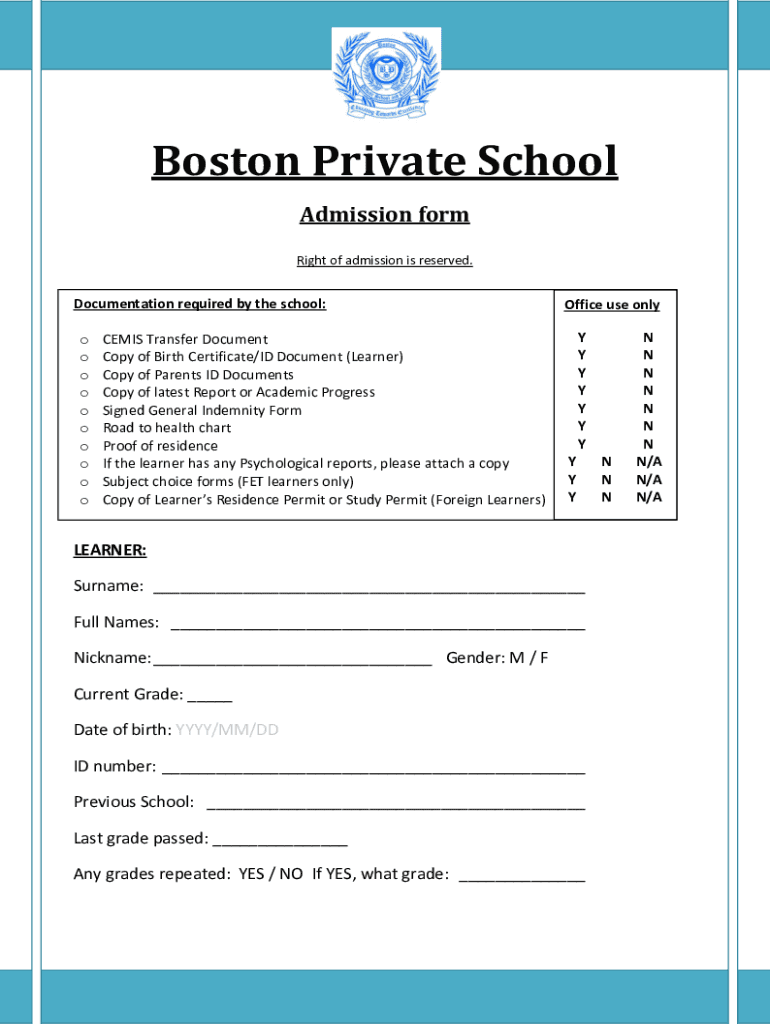 Fillable Online Boston Private School. Admission form Fax Email Print ...