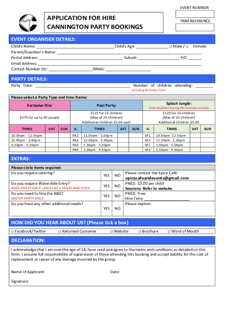 Fillable Online Application Form - CLP Party Bookings Form Template Fax ...