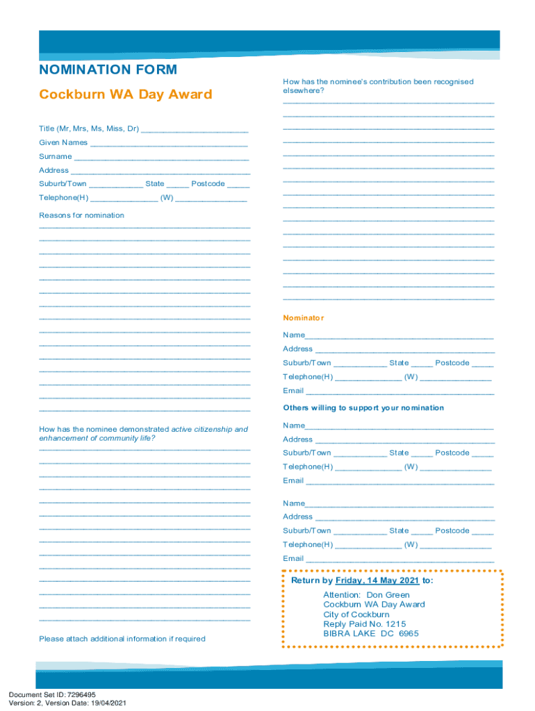 Fillable Online ECM7296495v2Cockburn WA Day Award Nomination Form ...