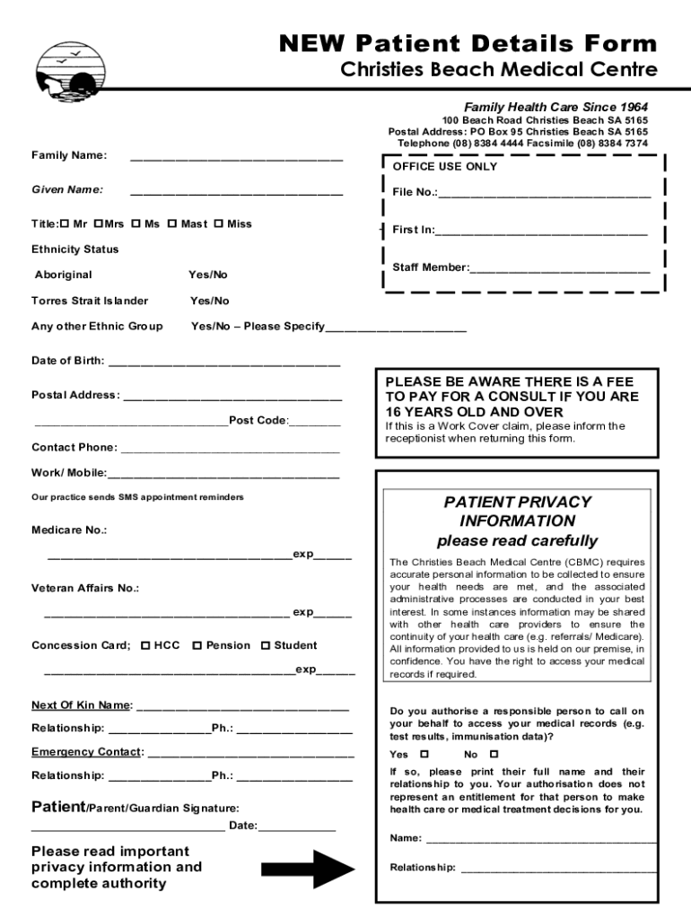 Fillable Online Christies Beach Medical Centre - Doctors & Medical ...