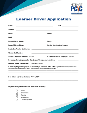 Fillable Online LEARNER DRIVER APPLICATION FORM - sunassist.org.au Fax ...