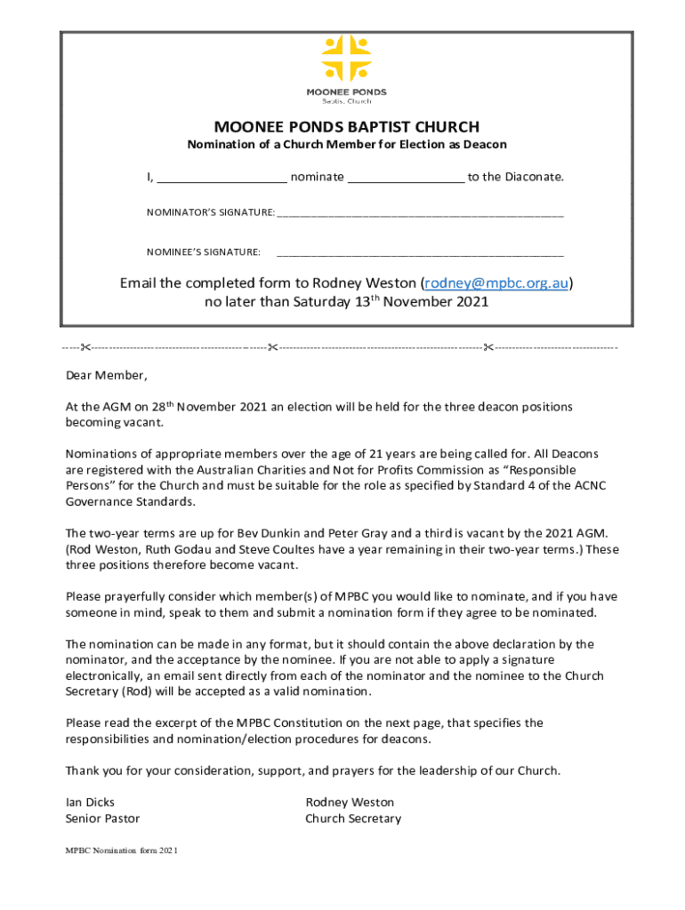 Fillable Online Mount Ararat Baptist Church - Diaconate Nomination Form ...