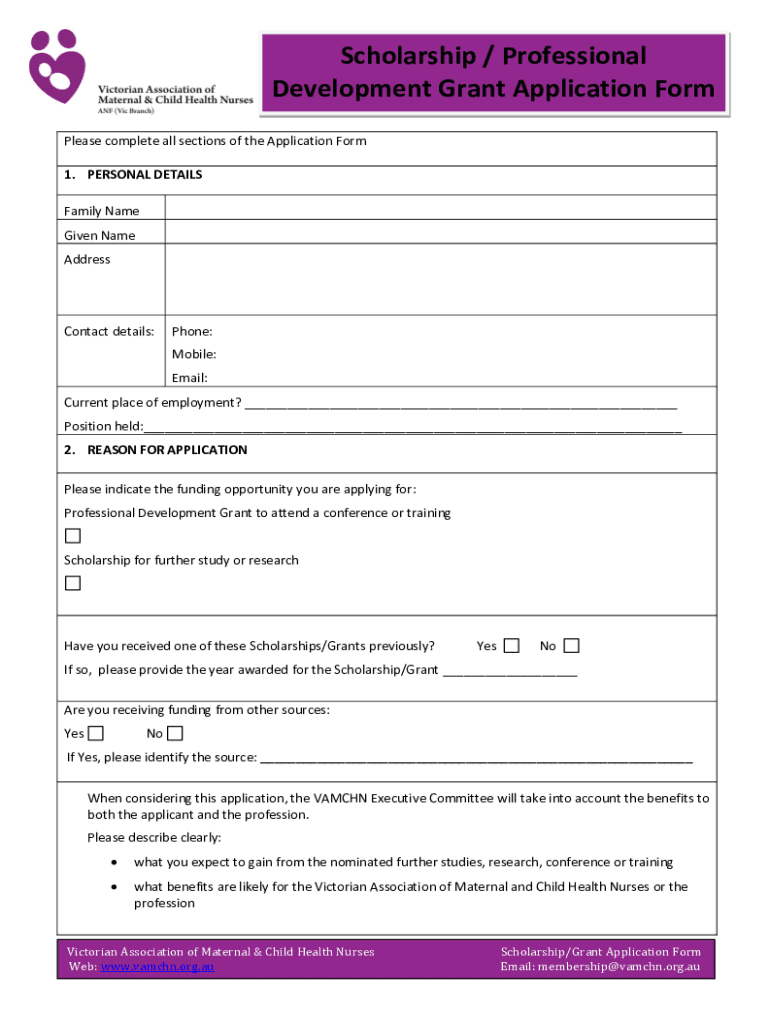 Fillable Online Scholarship / Professional Development Grant ...