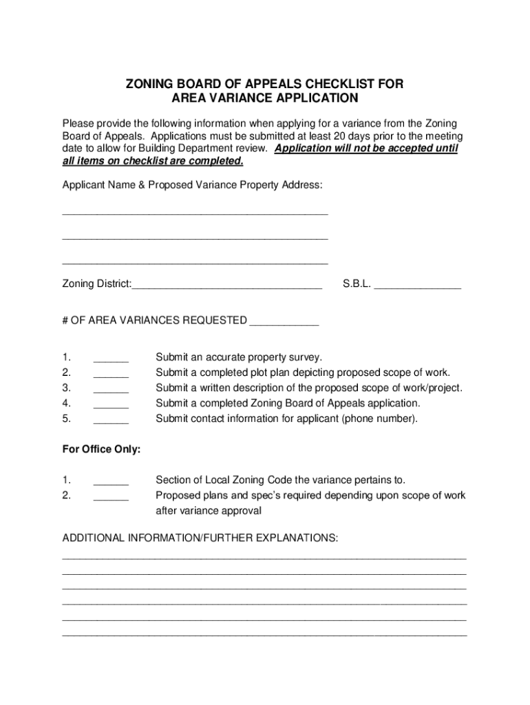 Fillable Online ZONING BOARD OF APPEALS CHECKLIST FOR USE VARIANCE APPLICATION Fax Email Print ...