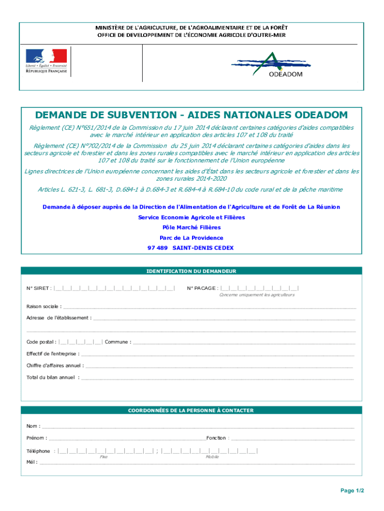 Remplissable En Ligne DEMANDE DE SUBVENTION - AIDES NATIONALES ODEADOM Fax Email Imprimer ...