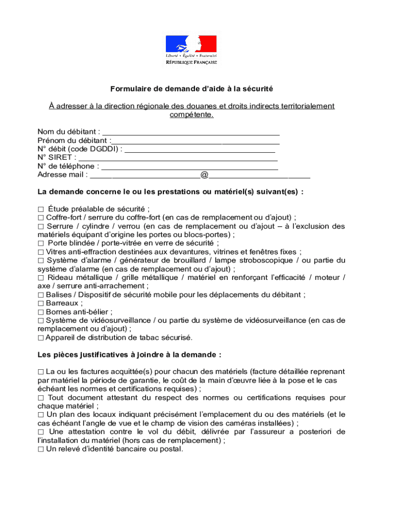 Remplissable En Ligne Formulaire de demande d'aidela scurit des dbitants de tabac. Douane ...