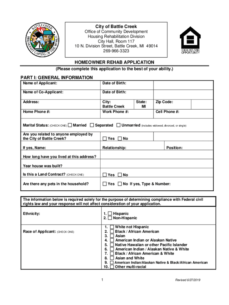 Fillable Online HOMEOWNER REHAB APPLICATION PART I: GENERAL ... Fax ...