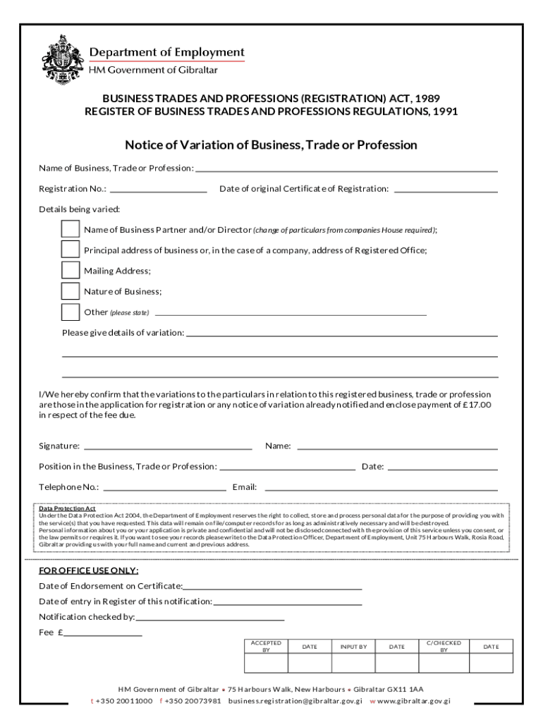 Fillable Online Notice of Variation of Business Trades and Professions ...