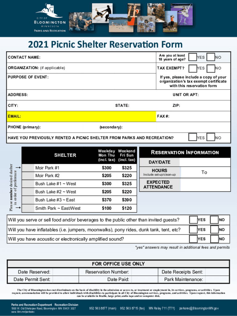 Fillable Online 2021 Picnic Shelter Reservation Form Fax Email Print ...