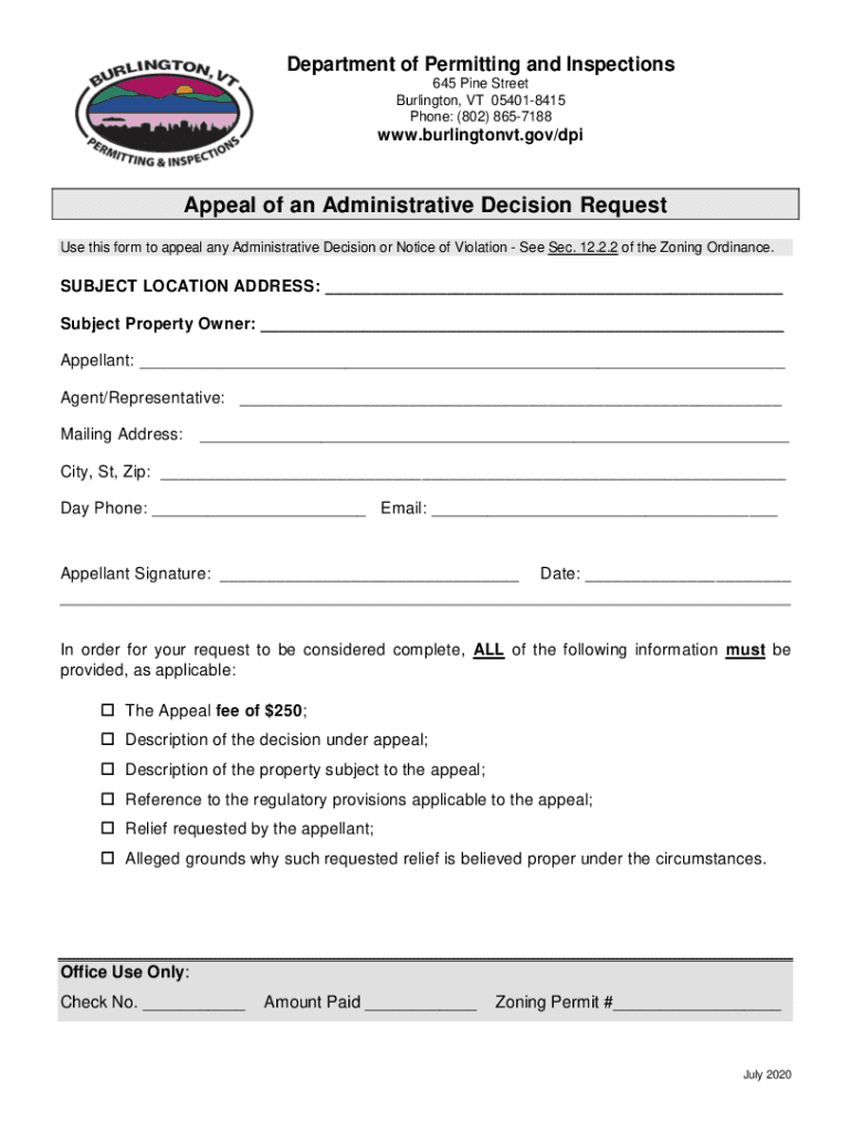 Fillable Online appeal form. Zoning Administration Fax Email Print ...