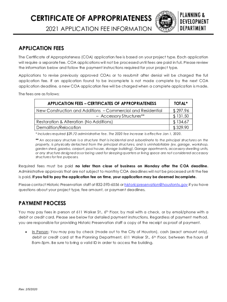 Fillable Online Certificate of Appropriateness (COA) Planning ...