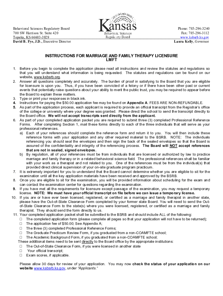 Fillable Online INSTRUCTIONS FOR MARRIAGE AND FAMILY THERAPY LICENSURE ...