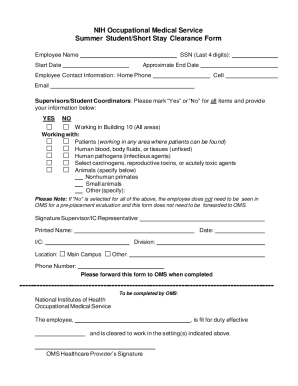 Fillable Online ors od nih NIH Occupational Medical Service Summer Student/Short Stay Clearance ...