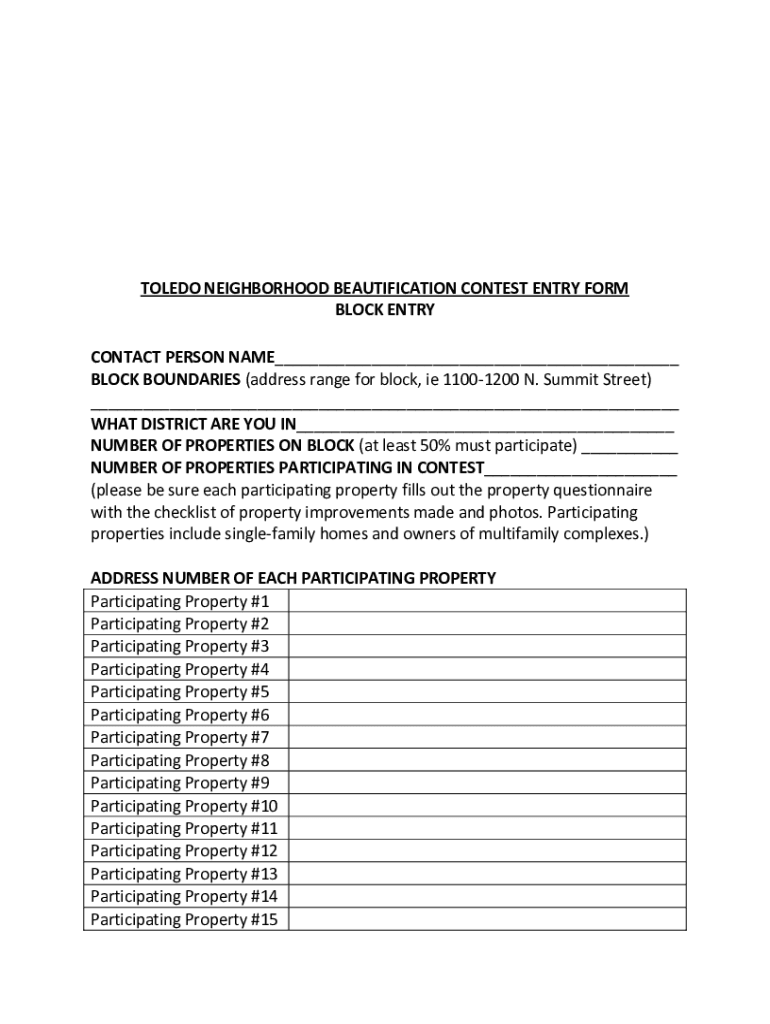 Fillable Online TOLEDO NEIGHBORHOOD BEAUTIFICATION CONTEST ENTRY FORM ...