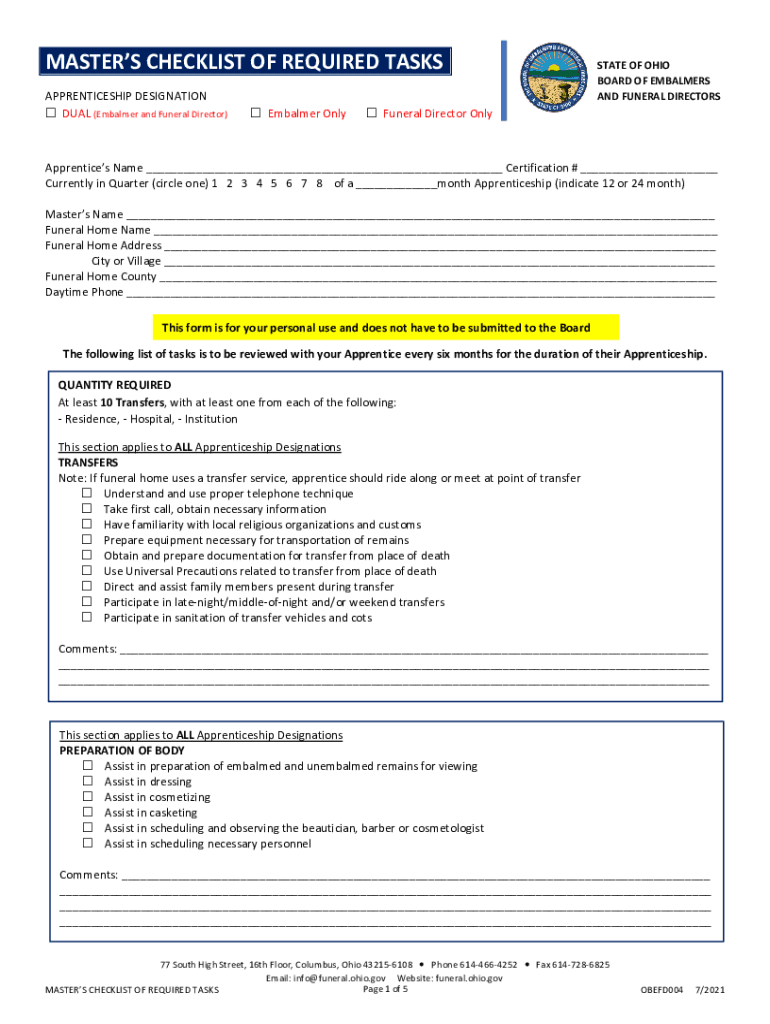 Fillable Online funeral ohio MASTERS CHECKLIST OF REQUIRED TASKS - funeral.ohio.gov Fax Email ...