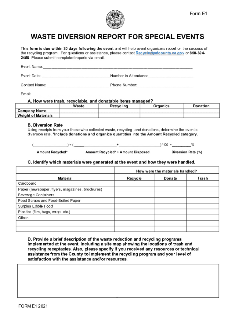 Fillable Online SPECIAL EVENT WASTE DIVERSION - San Diego County Fax ...