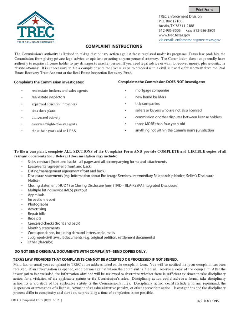 Fillable Online Fillable Online trec texas Complaint Form, 03/06/17 - trec ... Fax Email Print ...