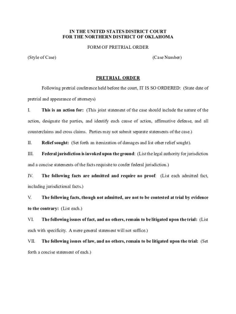 Fillable Online FORM OF PRETRIAL ORDER Fax Email Print - pdfFiller