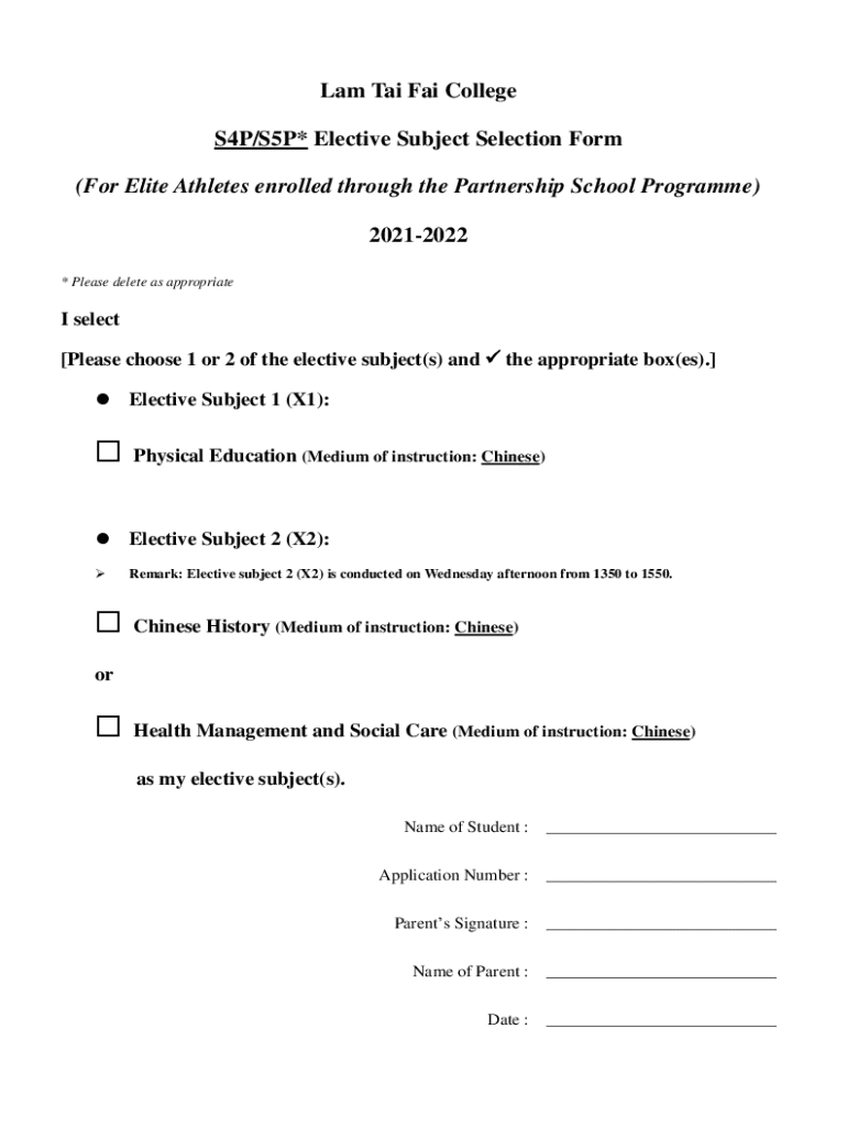 Fillable Online Get the free Elective Subject Selection Form - Lam Tai ...