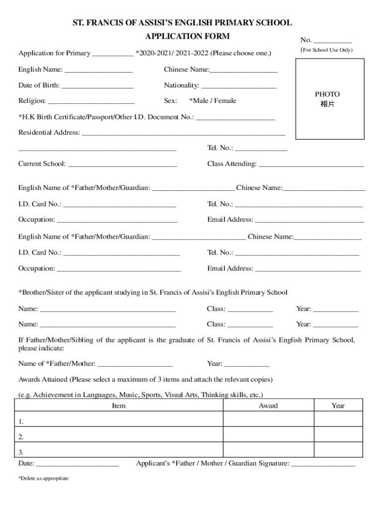 Fillable Online sfaeps edu St. Francis Primary School Application ...