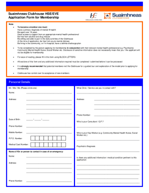 Fillable Online Suaimhneas Clubhouse HSE/EVE Application Form for ...