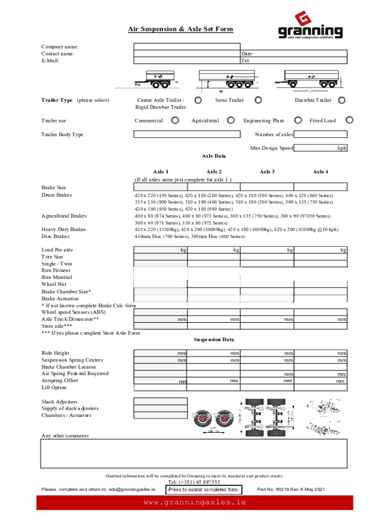 Fillable Online Air Suspension & Axle Set Form - GRANNING AXLES Fax ...
