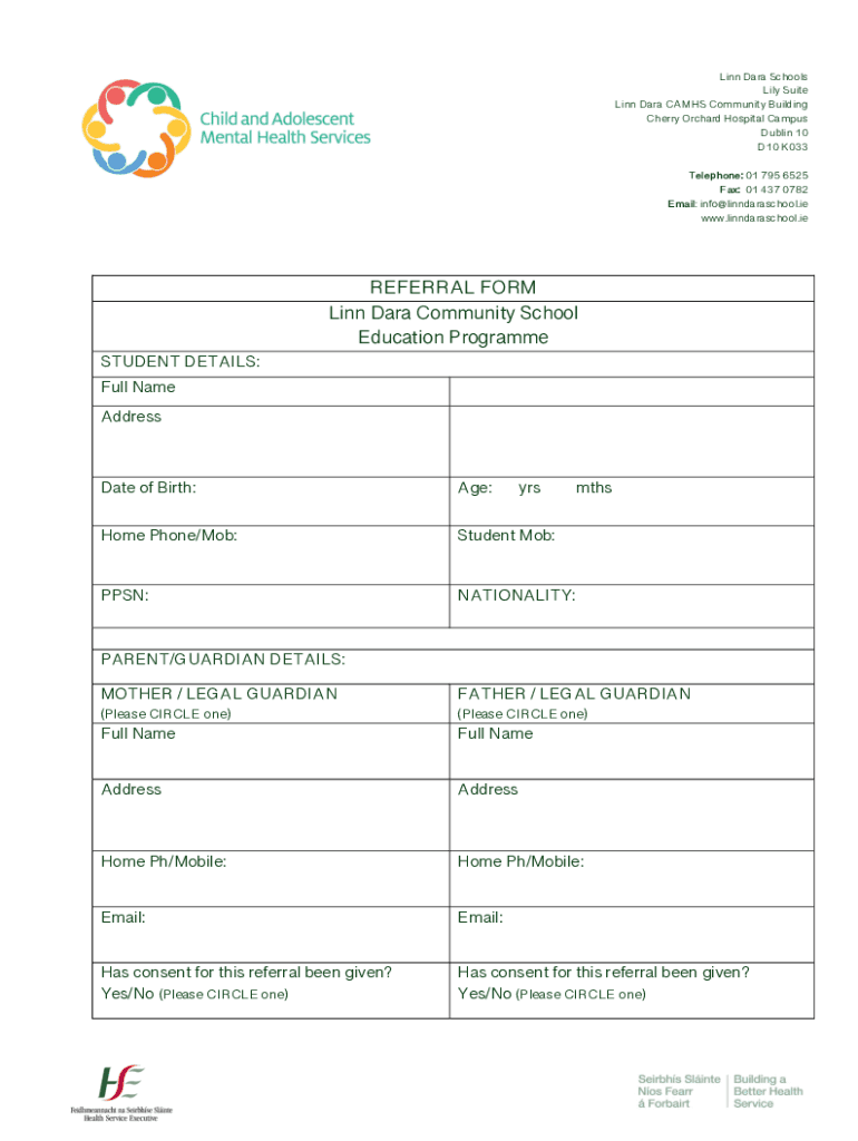 Fillable Online REFERRAL FORM Linn Dara Community School Education ...